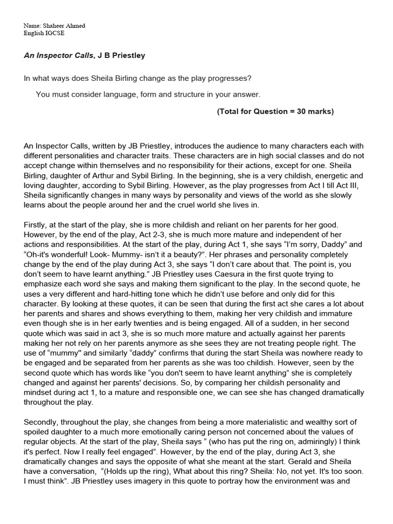 Sheila Birling Question | PDF