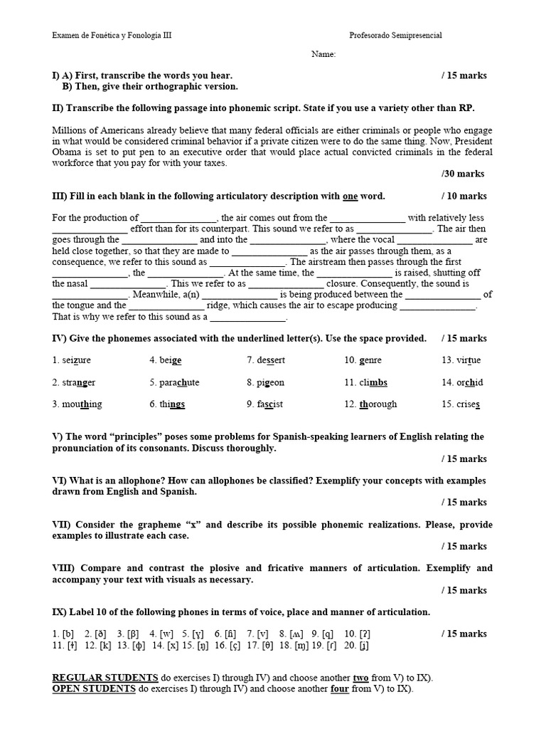 Phonetics 3 - Sample Exam | PDF | Phoneme | Phonetics