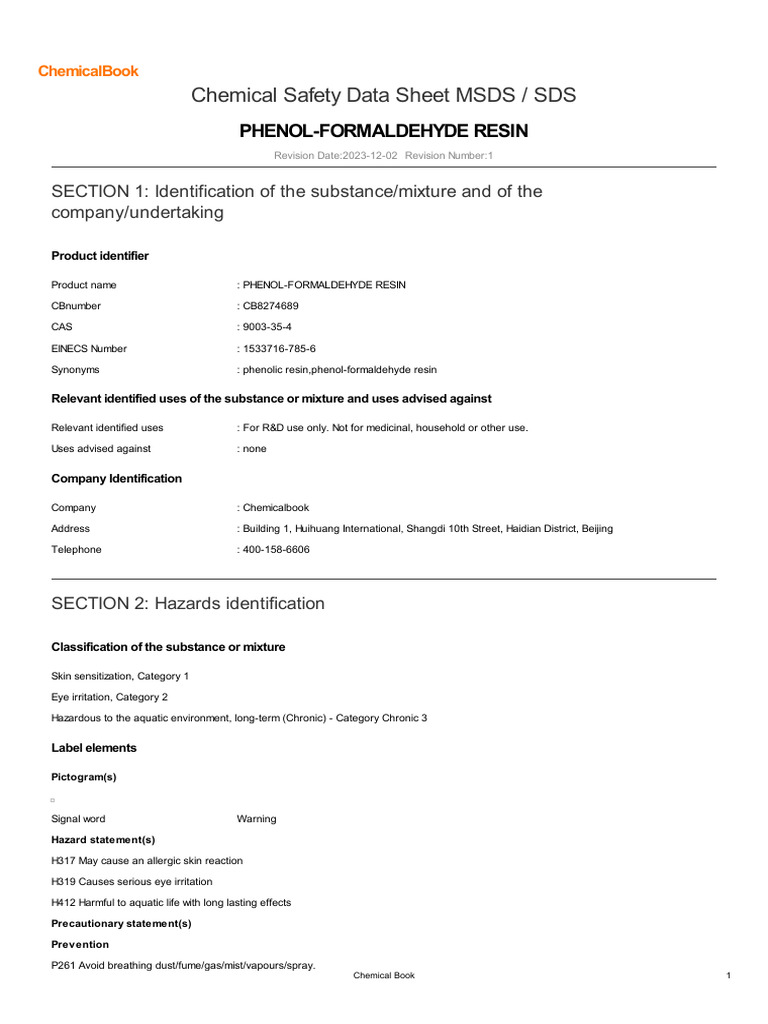 Phenol-Formaldehyde Resin Safety Data | PDF | Dangerous Goods | Toxicity