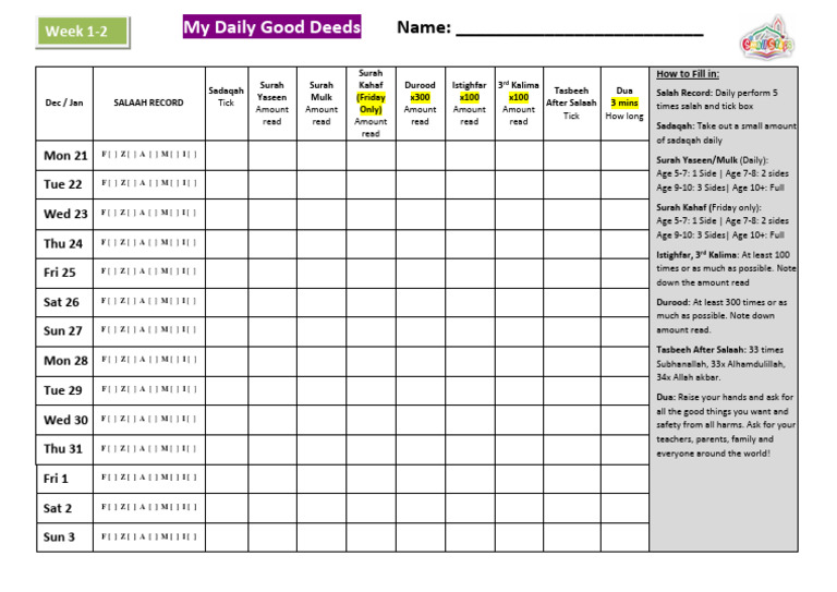December Holiday Daily Good Deeds Chart | PDF | Worship | Monotheism