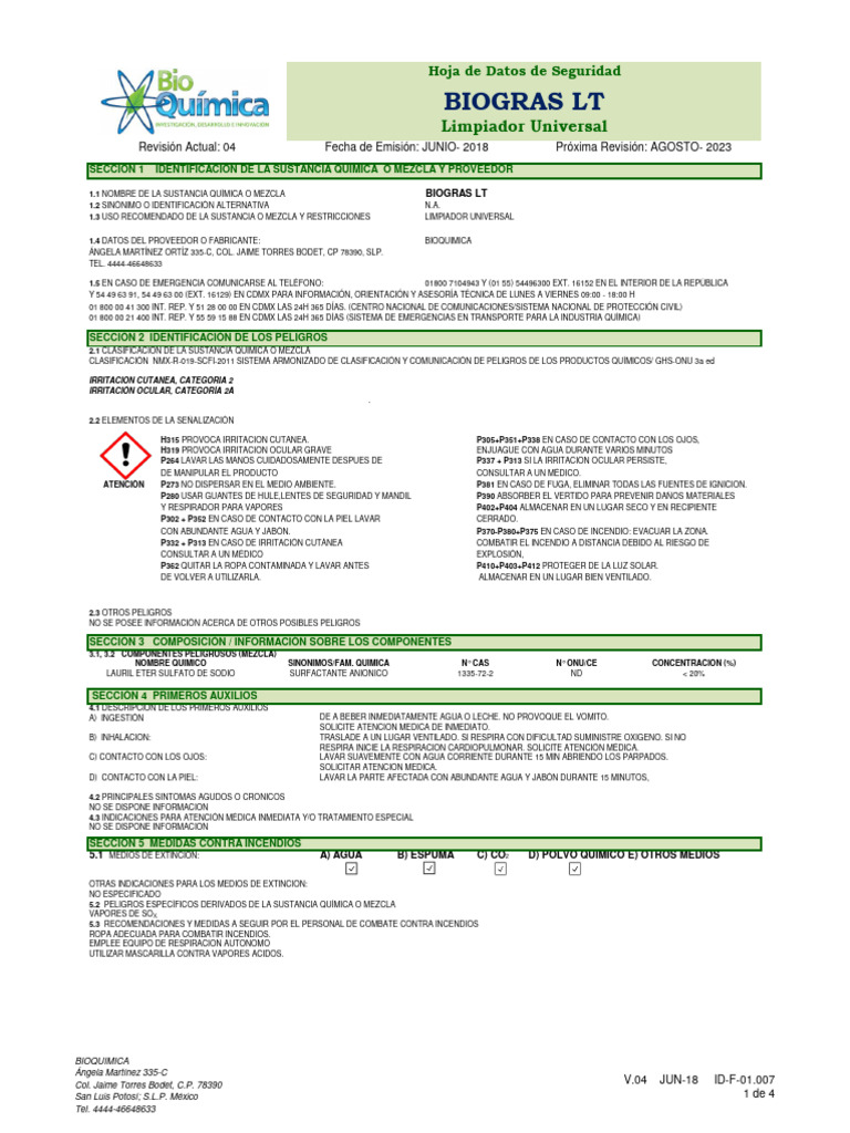 HDS Biogras LT 018-2015 | PDF | Materiales | Ciencias fisicas