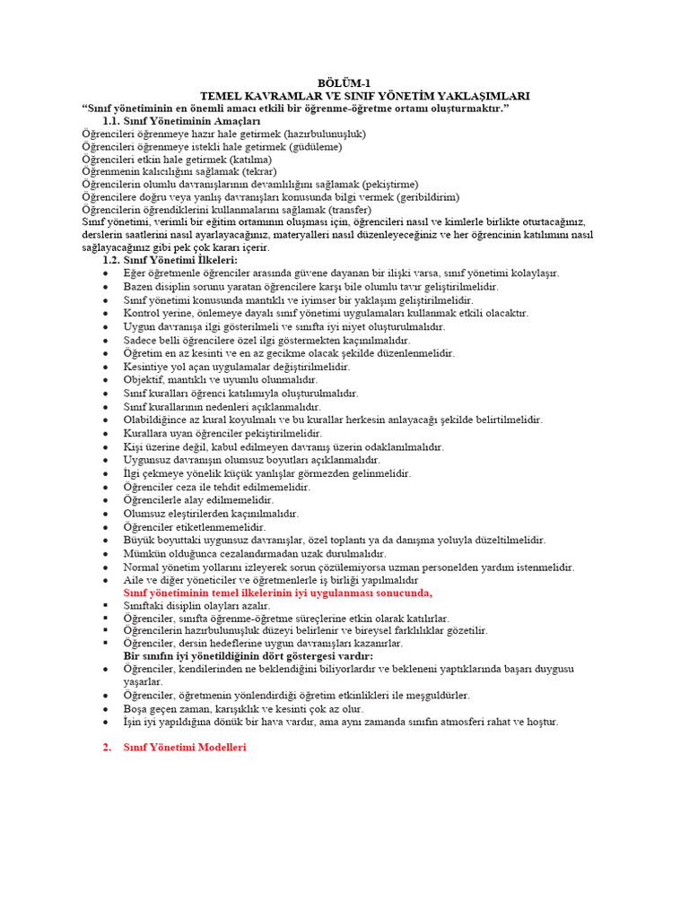 Sınıf Yönetimi Ders Notları | PDF