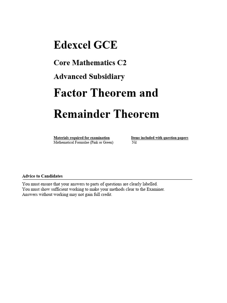 Factor and Remainder Theorem Practice | PDF | Factorization ...