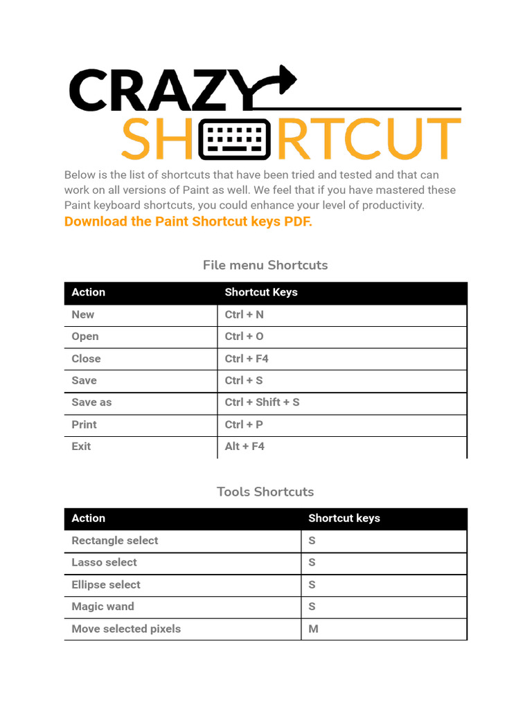 Essential Paint Shortcut Keys PDF | PDF | Keyboard Shortcut | Control Key