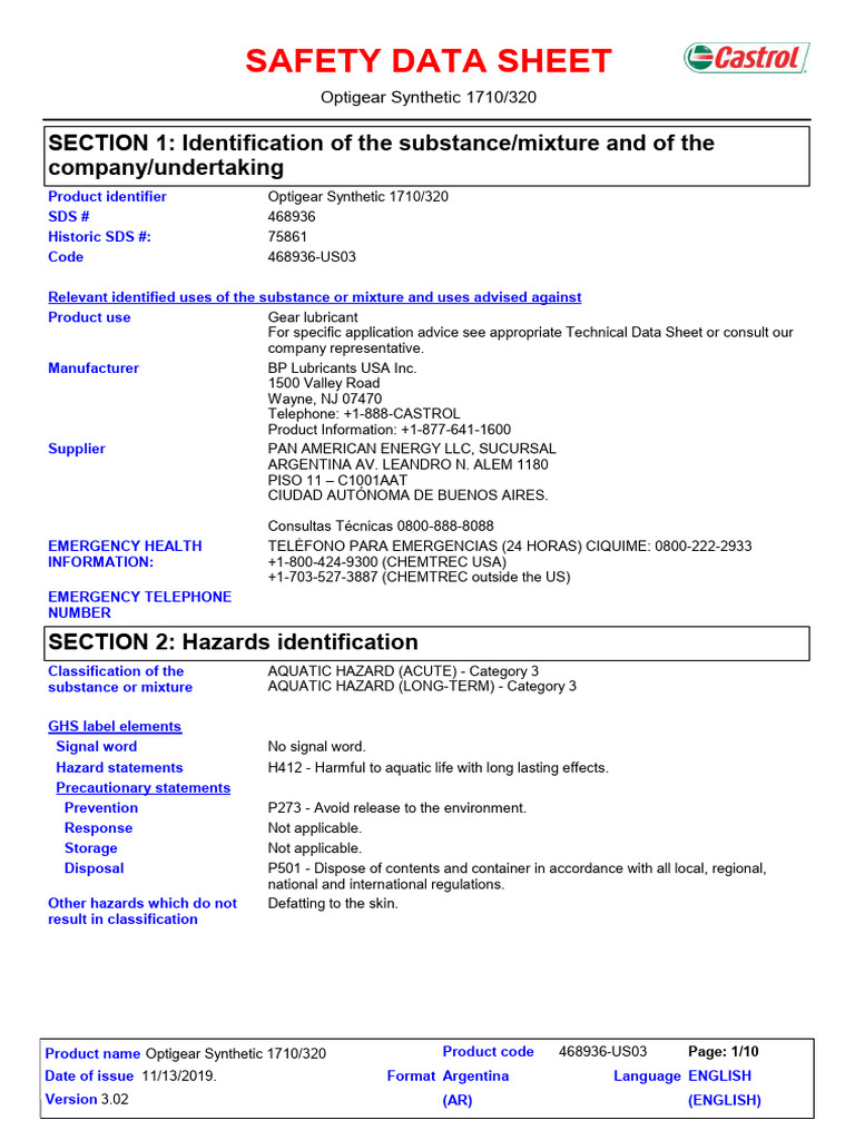 Castrol Optigear Synthetic 1710.320 - SDS | PDF