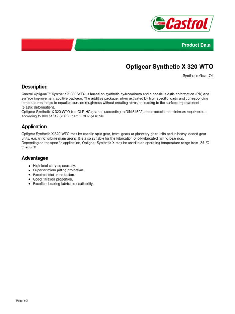 CASTROL OPTIGEAR SYNTHETIC X 320 WTO.TDS | PDF | Wear | Gear