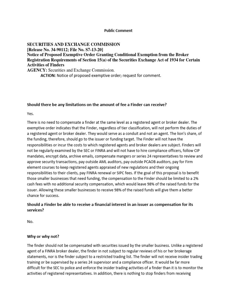 SEC Exemptive Order on Finder Fees | PDF | U.S. Securities And Exchange ...