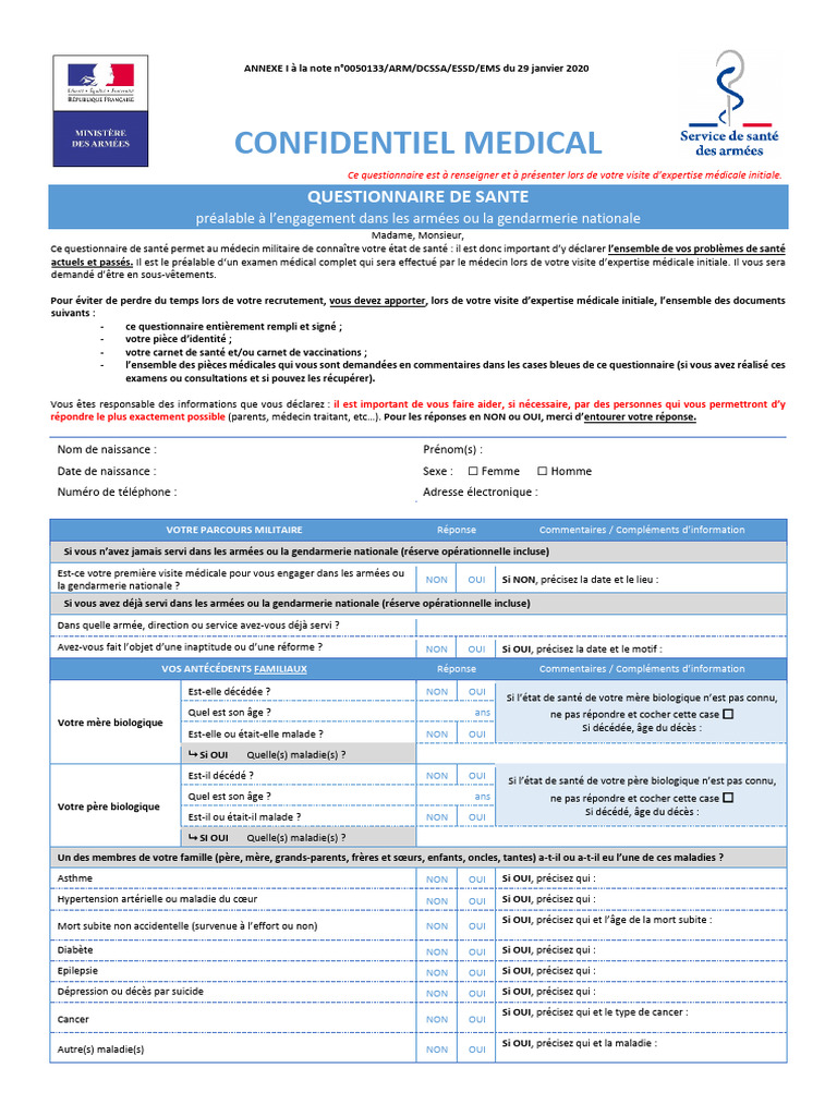 Confidentiel Medical: Questionnaire de Sante | PDF
