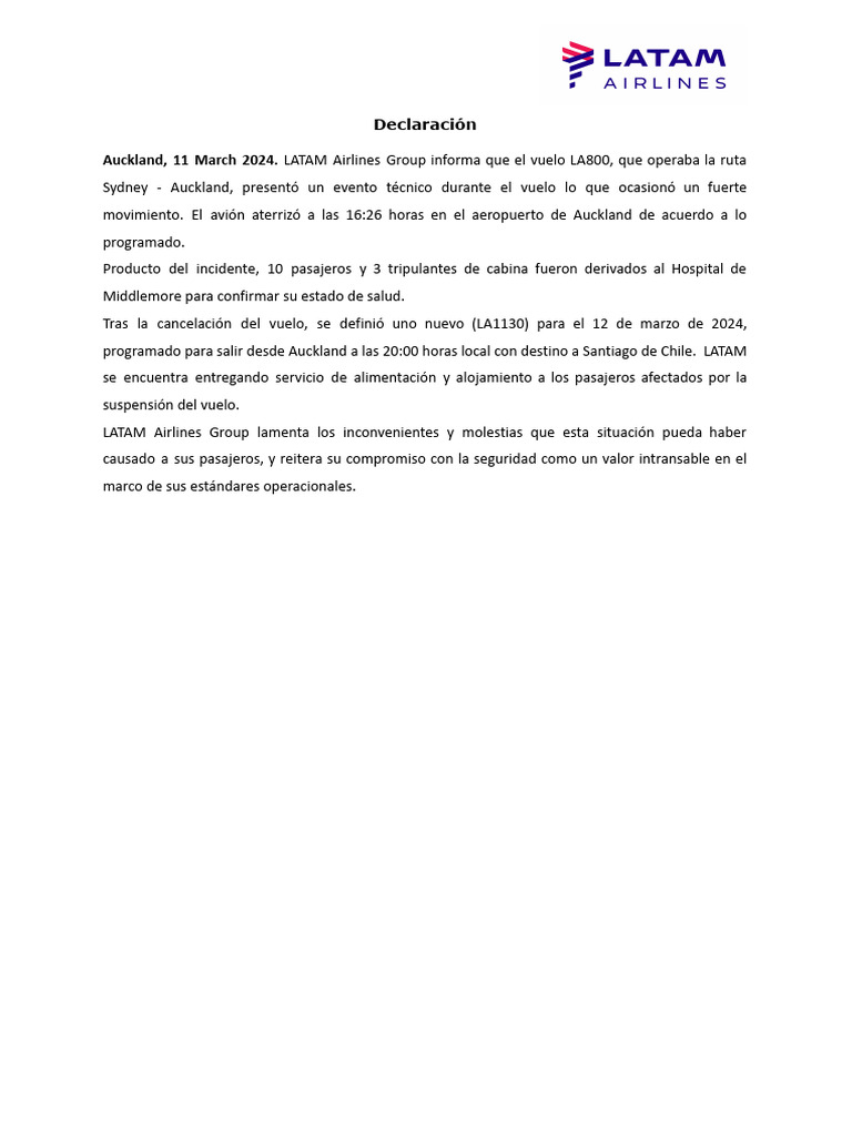 Incidente Vuelo LA800: Desvío y Reprogramación | PDF