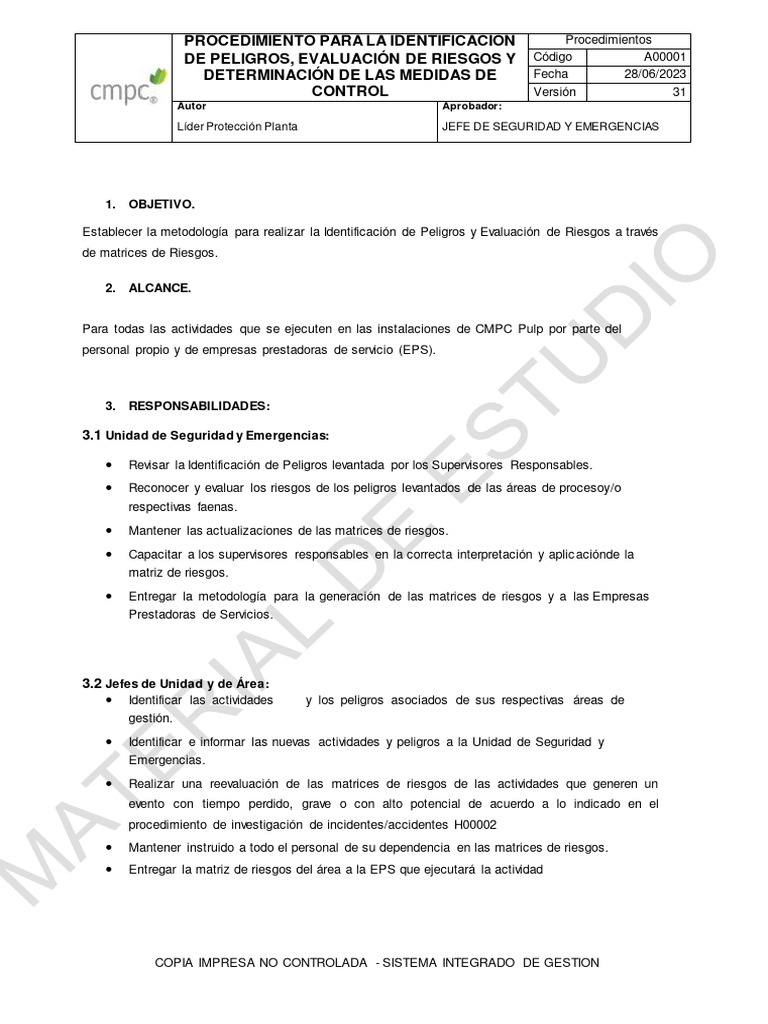 A00001 Procedimiento Identificacion de Peligros Evaluacion de Riesgos | PDF | Evaluación de ...