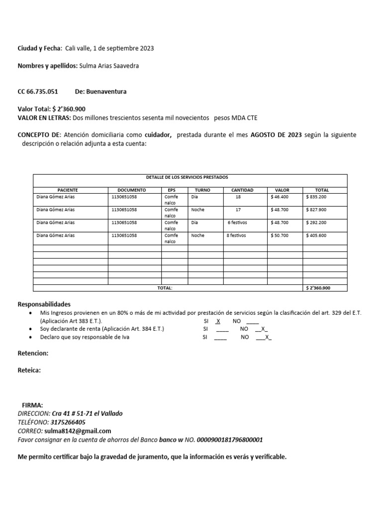 Cuenta de Cobro Agosto Sulma Arias | PDF