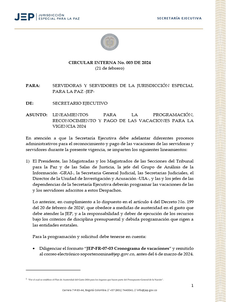 Circular No. 003-2024 Programacion de Vacaciones 2024 | PDF | Judicaturas | Gobierno