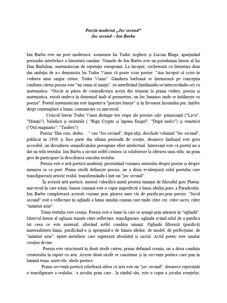 Joc Secund - Ion Barbu | PDF