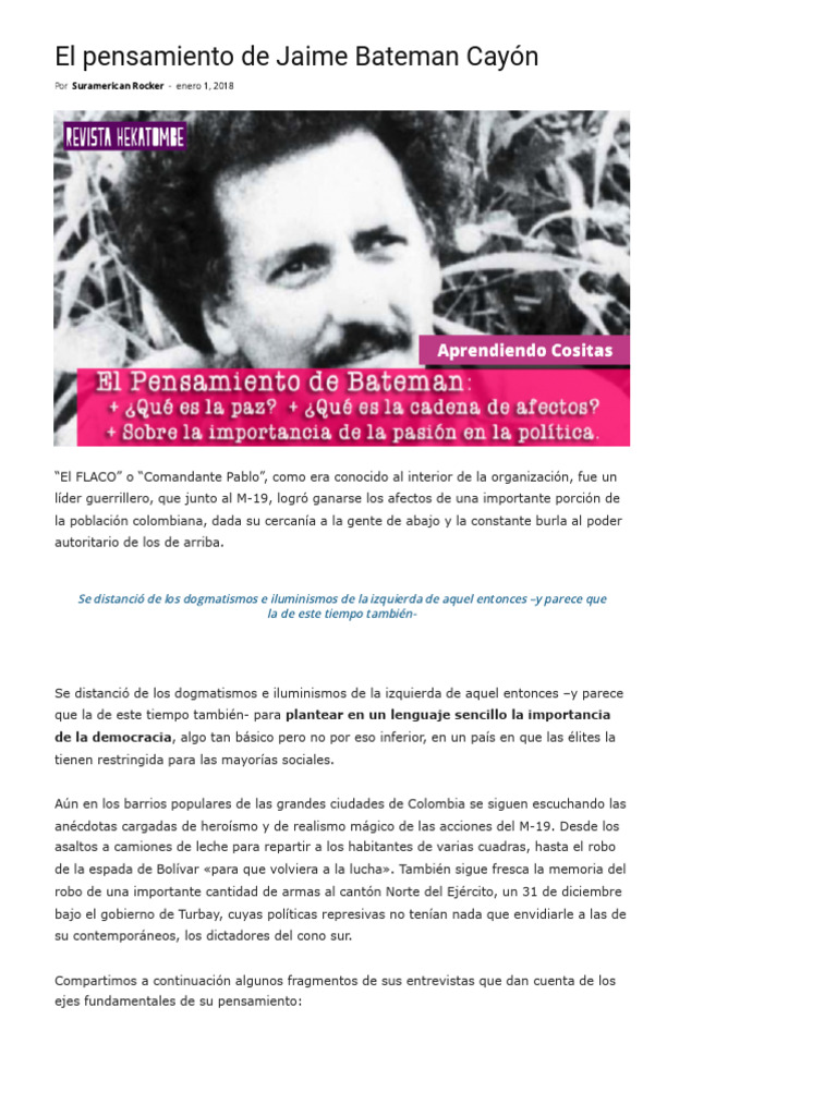 El Pensamiento de Jaime Bateman Cayón - Revista Hekatombe | PDF | Amor