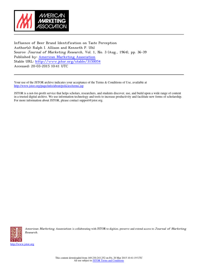 Allison Uhl - 1964 - Influence of Beer Brand Identification On Taste ...
