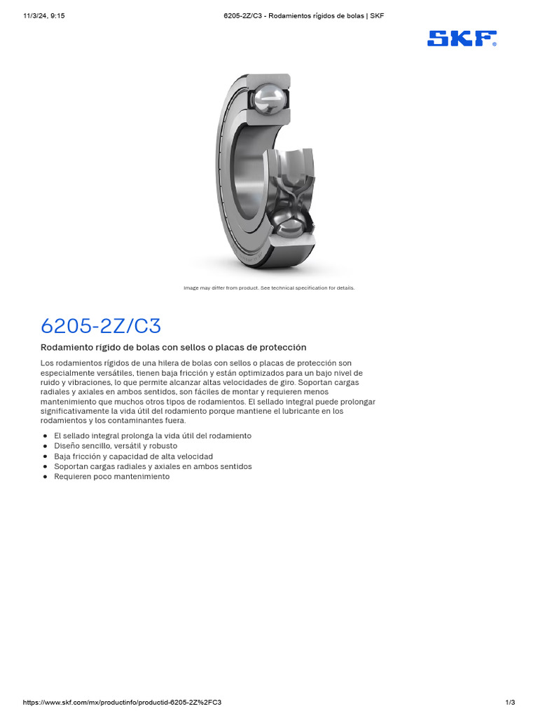 6205-2Z - C3 - Rodamientos Rígidos de Bolas - SKF | PDF