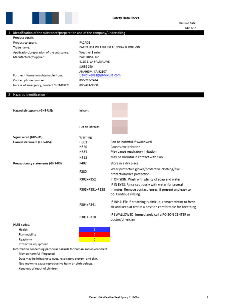 Wrb-Air Barrier - Parex Usa Weatherseal Spray and Roll On Sds | PDF ...