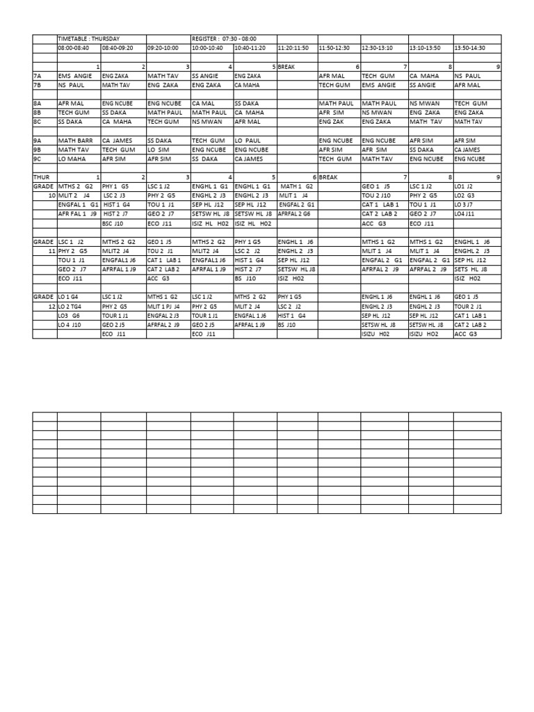 Monday To Friday Time Table Grade 7 - 12 2024 Thur | PDF