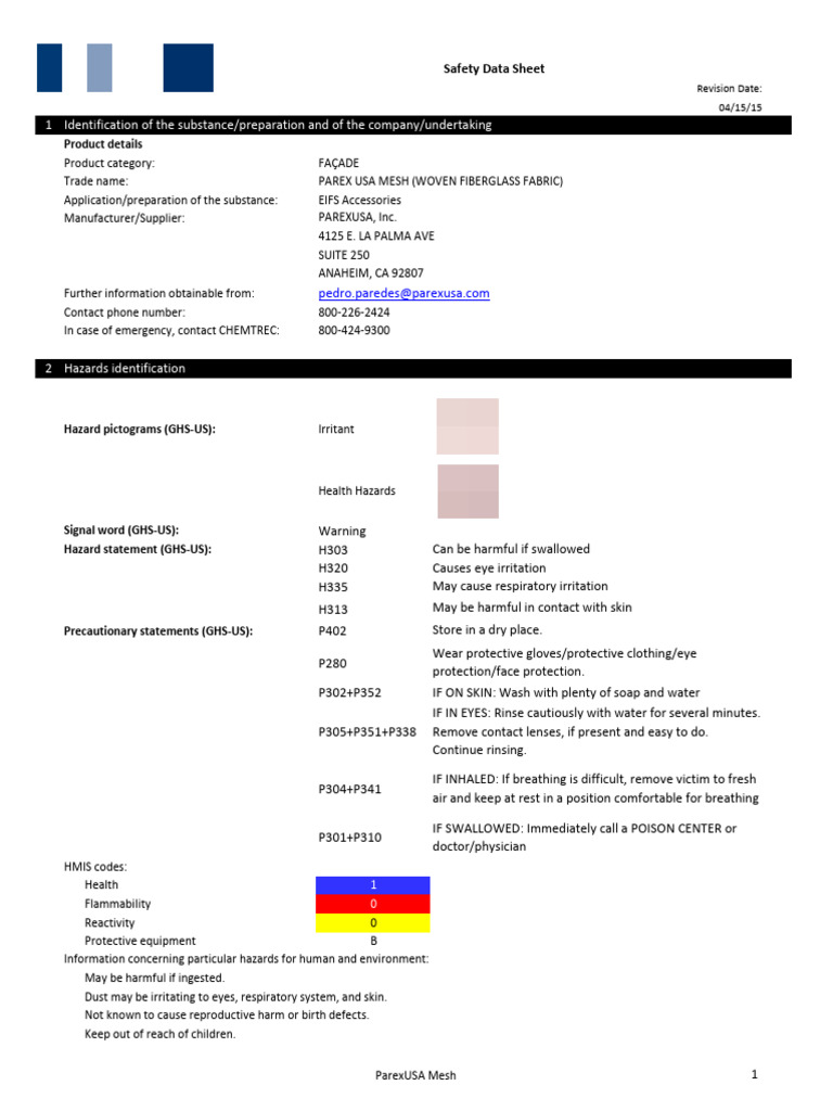 Meshes - Parex Usa Mesh Sds | PDF | Superfund | Fiberglass