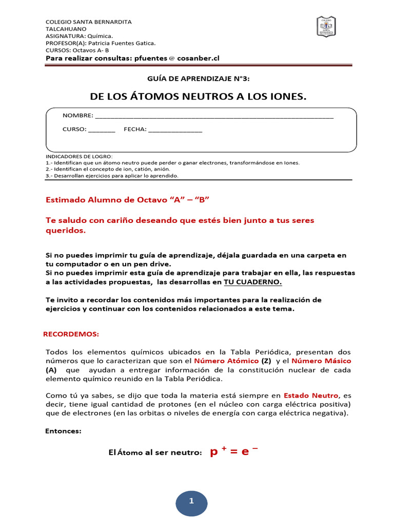 Guia de Aprendizaje N°3 de Atomo Neutro A Iones 8a 8B Quimica | PDF ...
