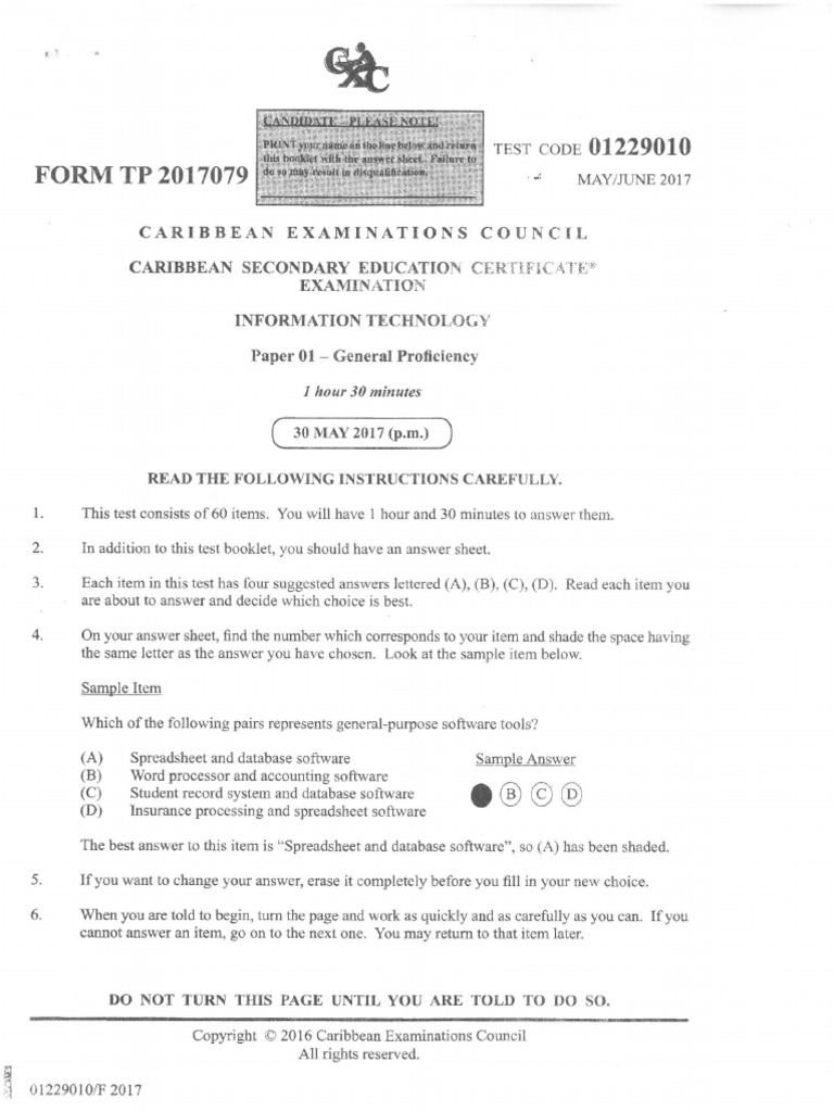 CSEC Information Technology June 2017 P1 - Answers | PDF