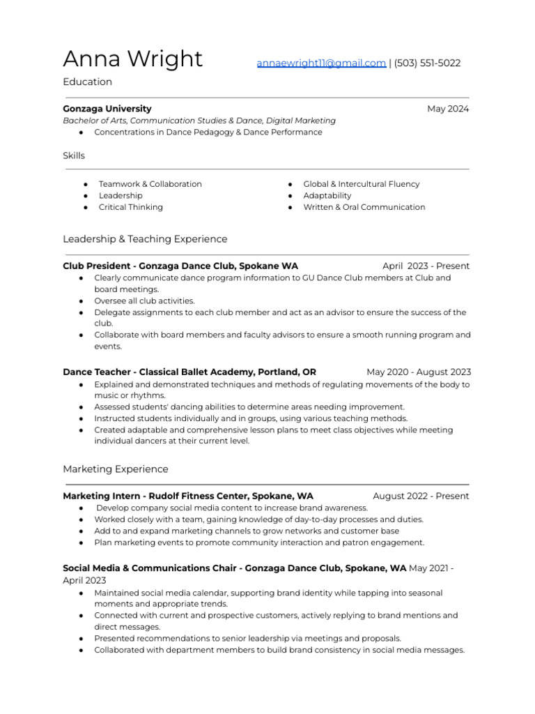 Anna Wright Resume 2024 | PDF | Dances | Social Media