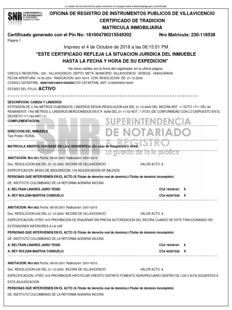 Certificado De Tradición Y Libertad Propiedad Garantia 000 Pdf