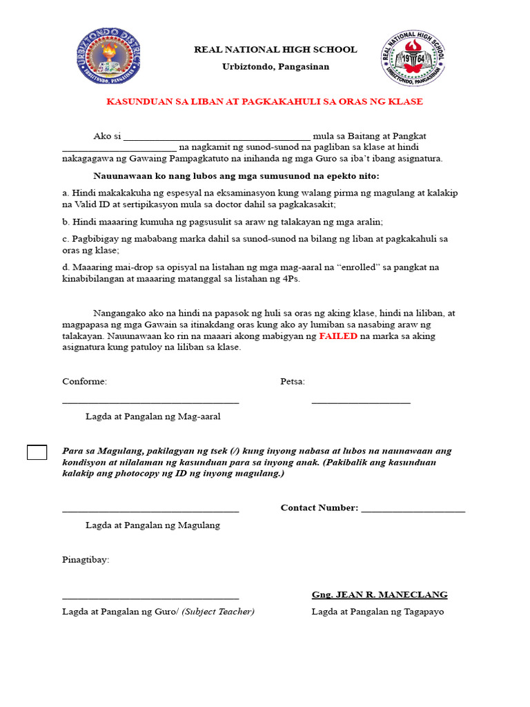 Kasunduan Sa Pagliban Sa Klase | PDF