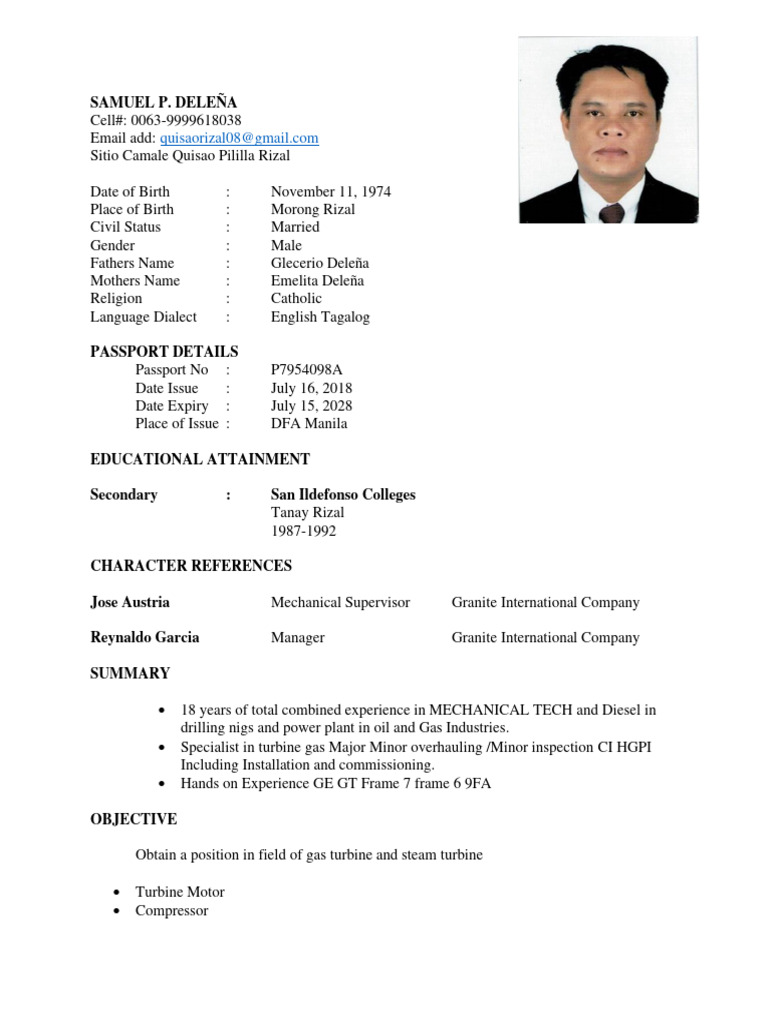 Samuel P. Deleña: Mechanical Technician Resume | PDF | Turbine | Gas ...