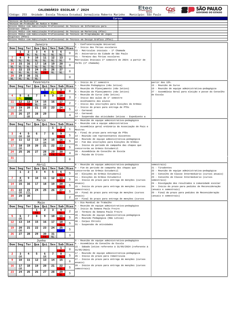 Calendário Escolar JRM 2024 Atualizado | PDF