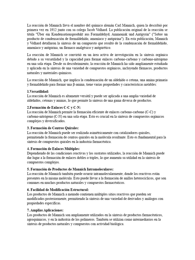La Reacción de Mannich Lleva El Nombre Del Químico Alemán Carl Mannich ...