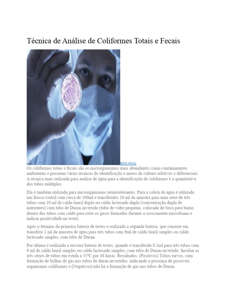 Técnica de Análise de Coliformes Totais e Fecais | PDF | Ágar ...