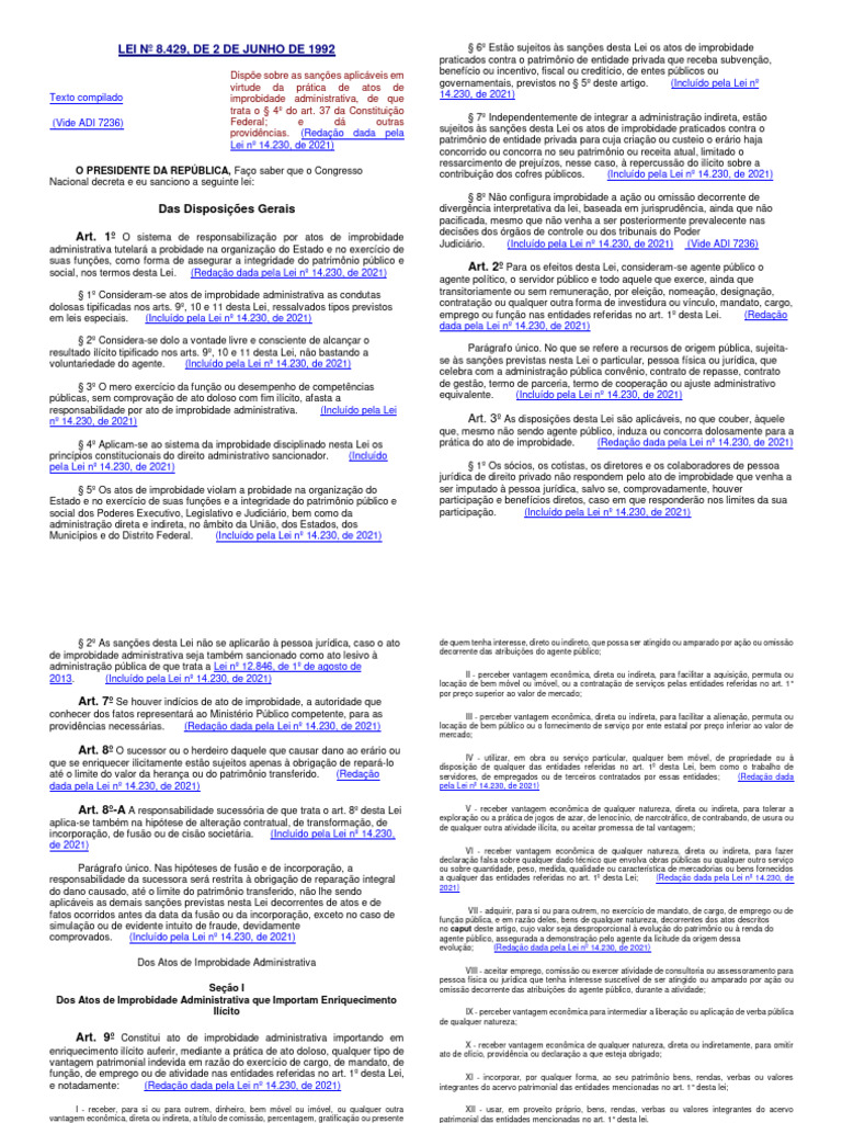Lei #Improbidade Adminst | PDF | Administração pública | Sanções (jurídico)