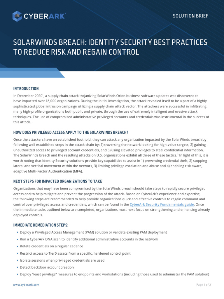 Solarwinds Breach Identity Security Best Practices to Reduce Risk and Regain Control | PDF ...