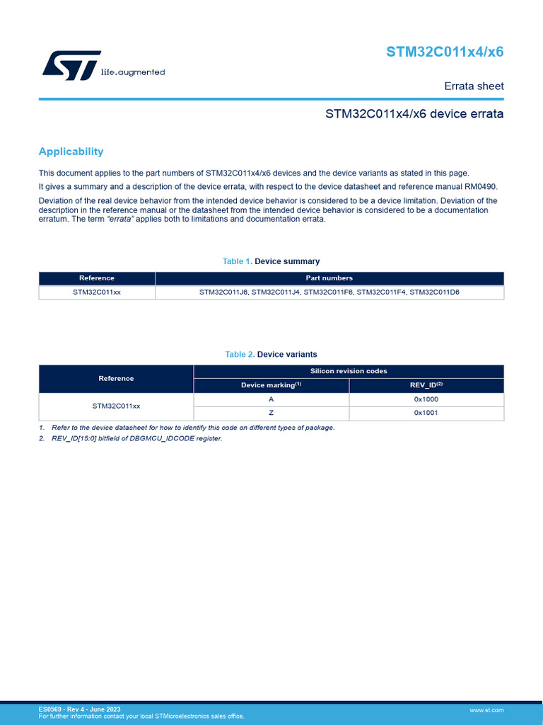 Es0569 stm32c011x4x6 Device Errata Stmicroelectronics | PDF | Computer Engineering | Computing