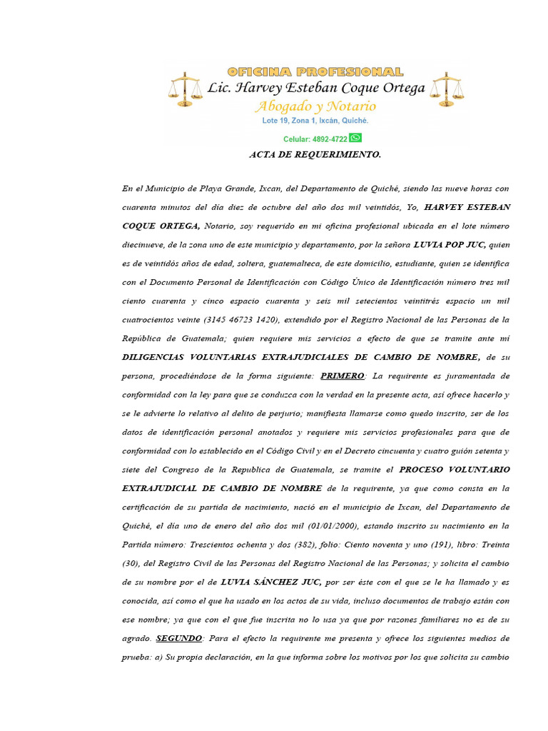 Acta De Requerimiento De Cambio De Nombre Formato Del Luvia Pop Juc