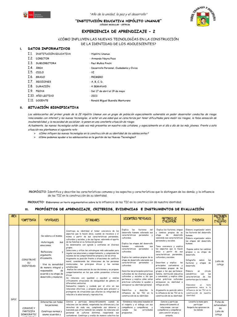 Experiencia de Aprendizaje - 2 - 1º | PDF | Aprendizaje | Las emociones