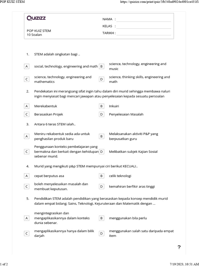POP KUIZ STEM (A) | PDF