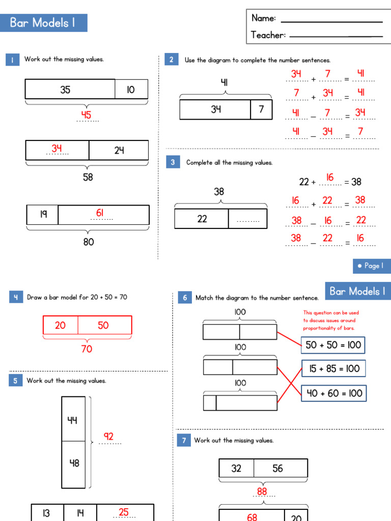 Worksheet 1 - Bar Model Part Whole Questions - Non Wordy Answers | PDF
