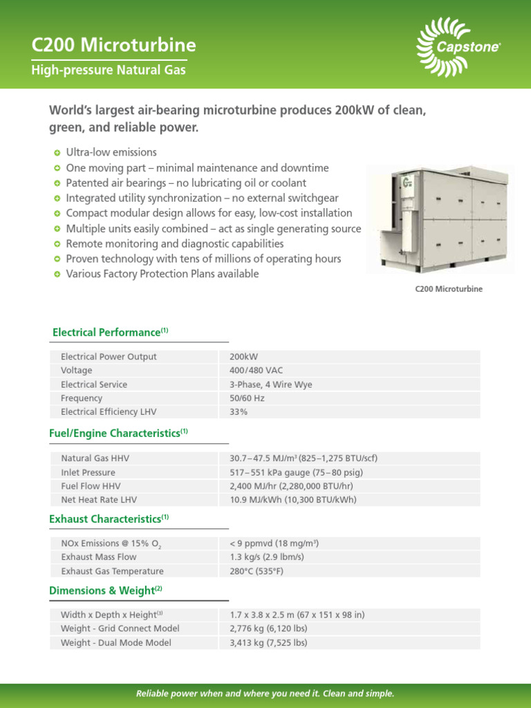 200kW Clean Power Microturbine Specs | PDF | Gas Turbine | Electricity