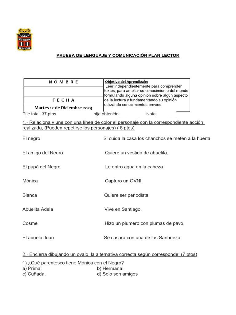 Prueba Libro Mi Amigo El Negro 4 Basico | PDF