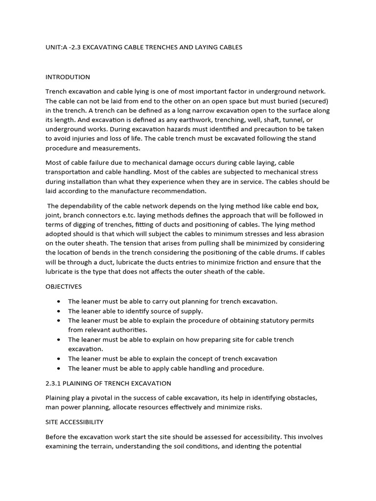Cable Trench Excavation and Laying Guide | PDF | Trench | Loader ...