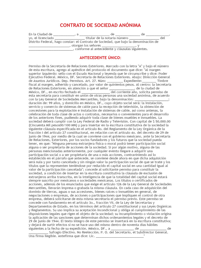 Contrato de Sociedad Anonima | PDF | Liquidación | Compartir (Finanzas)