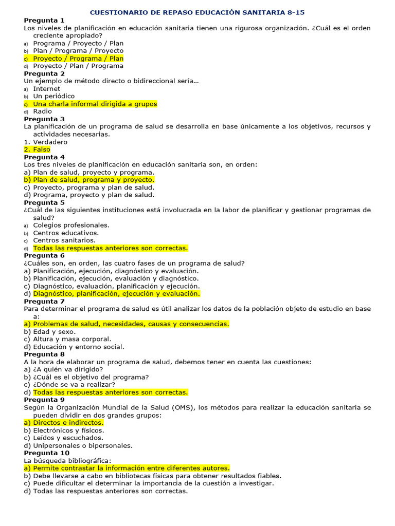 EDUCACION SANITARIA - CUESTIONARIOS REPASOS 2 PARCIAL - COLOR | PDF | Obesidad | Las ...