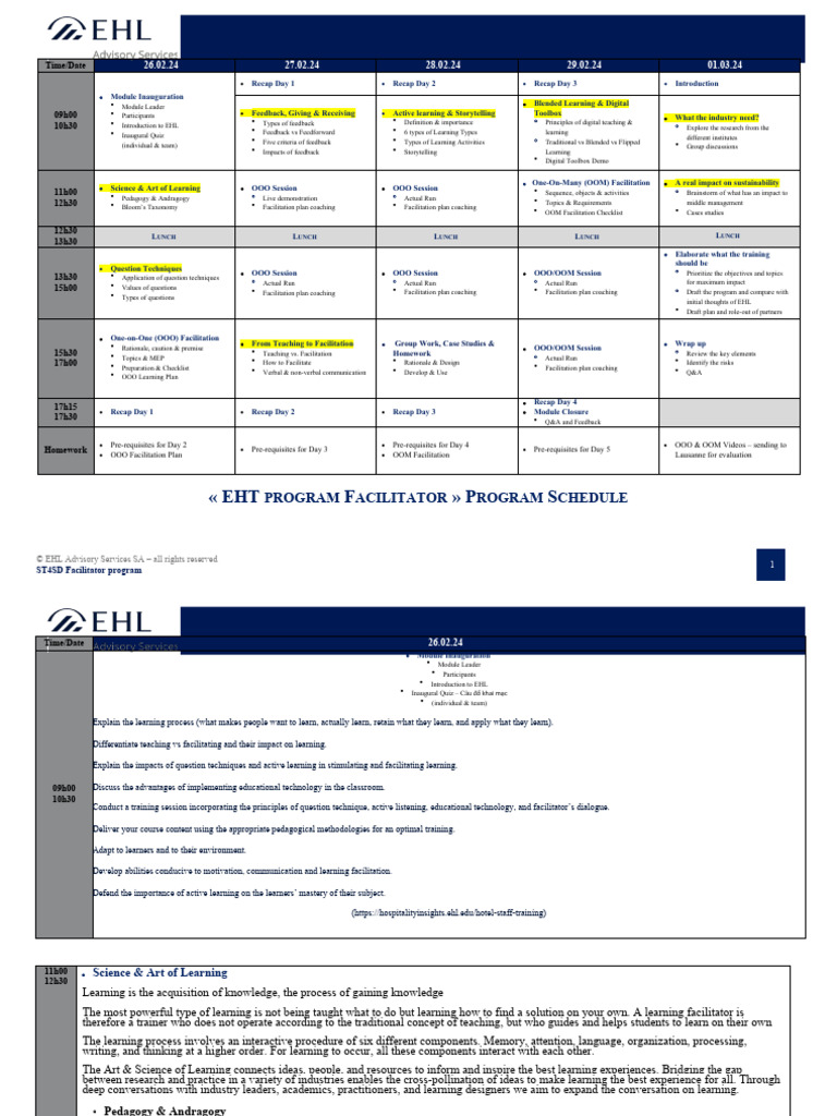 EHL Facilitator Program Schedule 2024 | PDF | Learning | Pedagogy