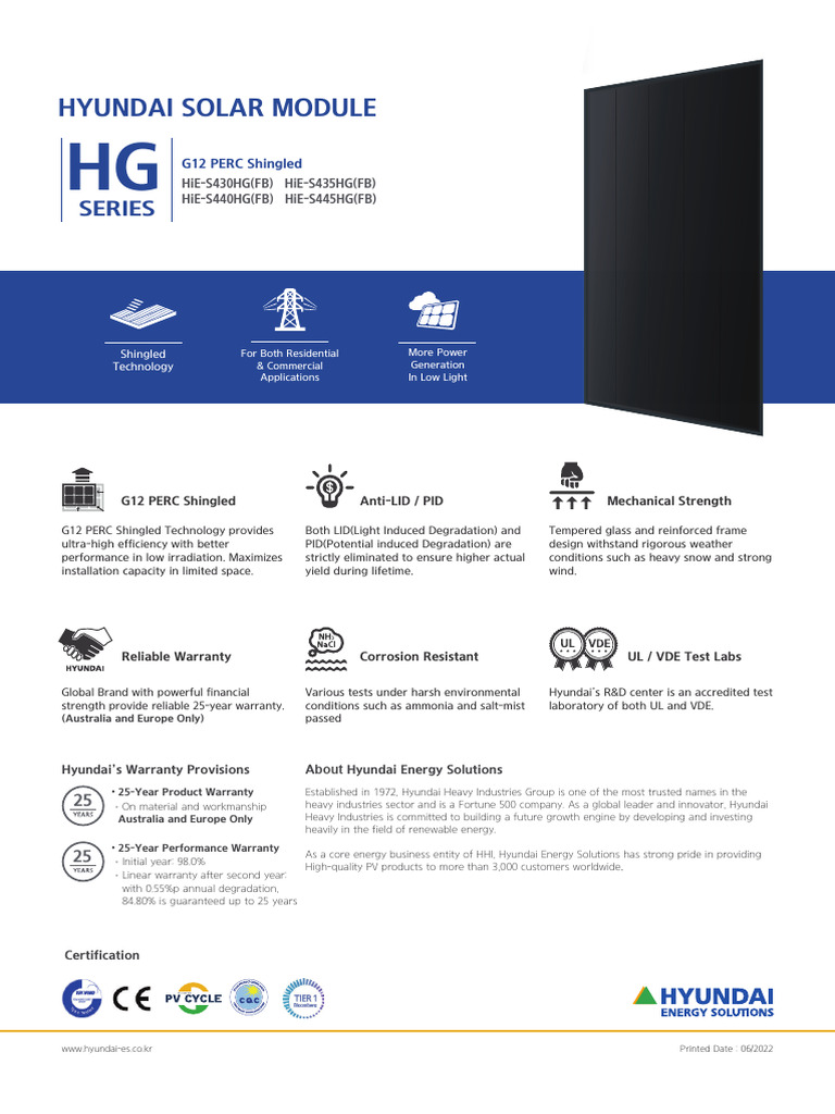 Datasheet Hyundai-430-445Wp-FB | PDF | Solar Panel | Electricity