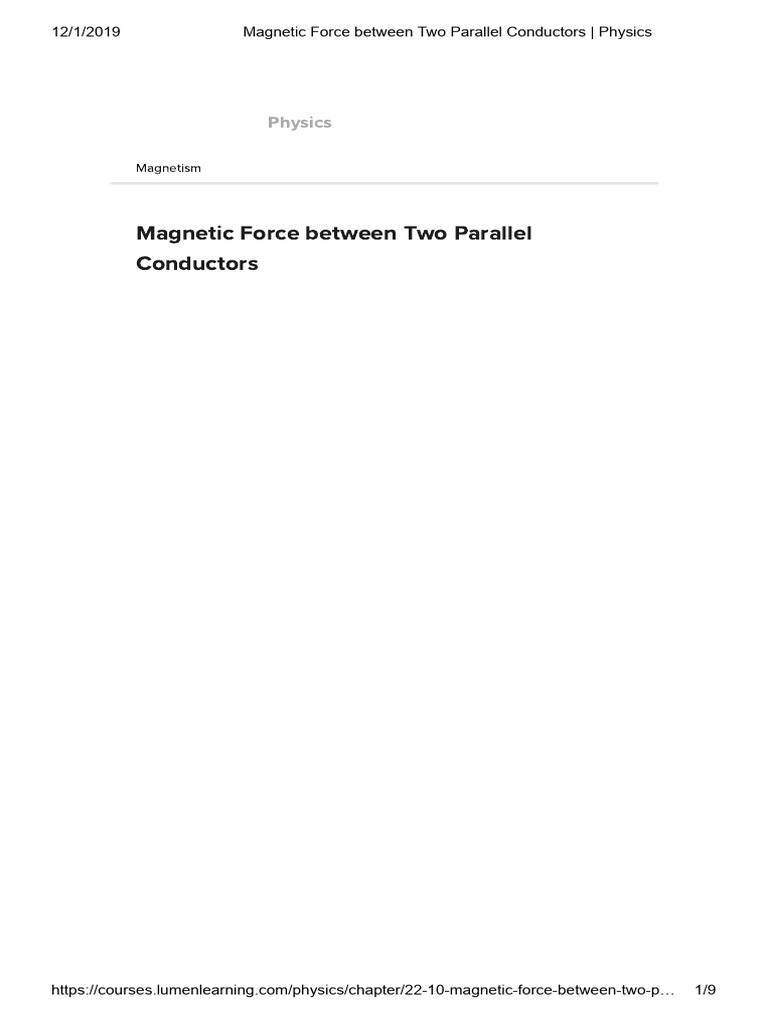 Magnetic Force Between Two Parallel Conductors Physics Pdf Electric Current Force