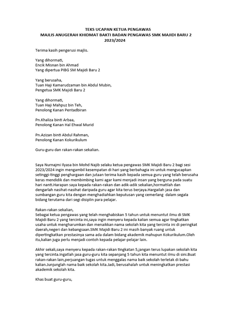 Teks Ucapan Ketua Pengawas | PDF