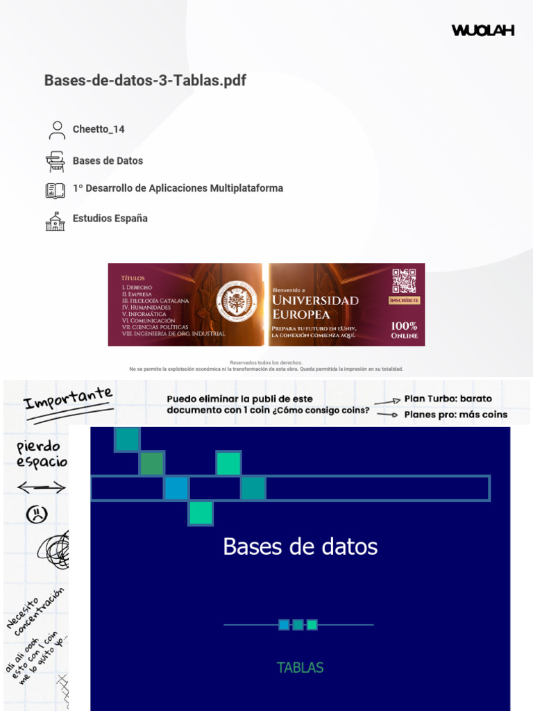 Wuolah Free Bases de Datos 3 Tablas | PDF | Base de datos relacional | Bases de datos