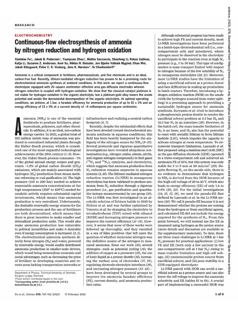 Continuous-Flow Electrosynthesis of Ammonia by Nitrogen Reduction and Hydrogen Oxidation | PDF